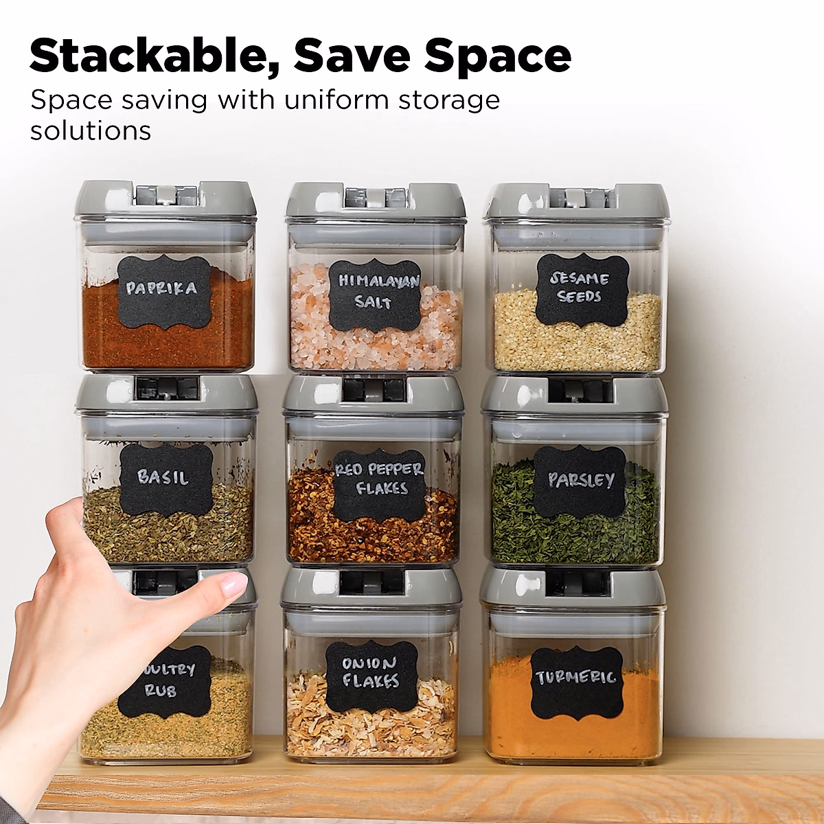 Shazo Airtight 9 Pc Mini Container Set + 9 Spoons - Durable Clear Plastic Food Storage Containers with Lids - Kitchen Cabinet Pantry Containers for Spices, Herbs, Coffee, Tea - Gray