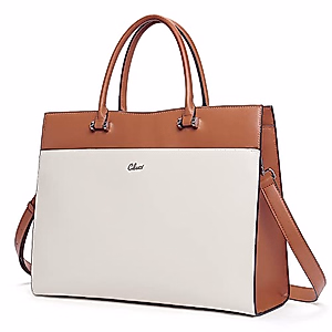 CLUCI Women Briefcase Leather Laptop Bag for Women 15.6inch Computer Bag Messenger Business Work Tote Beige with Brown