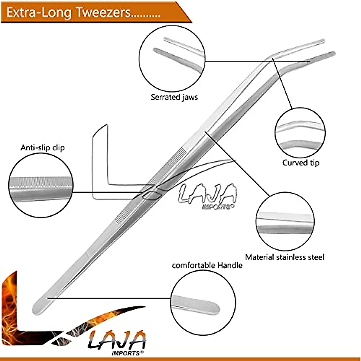 LAJA Imports Stainless Steel Extra-Long 18 Inch Tongs Tweezers Curved with Precision Serrated Tips for Garden, Kitchen, Indoor & Outdoor