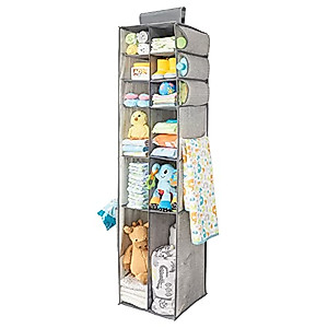 mDesign Long Soft Fabric Over Closet Rod Hanging Storage Organizer with 12 Divided Shelves, Side Pockets for Child/Kids Room or Nursery, Store Diapers, Wipes, Lotions, Toys - Gray