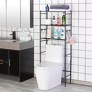 KIMZDA 3-Tier Over The Toilet Storage Rack Bathroom Space Saver Metal Towel Organizer, with 4-Hooks and Adjustable Feet, Black