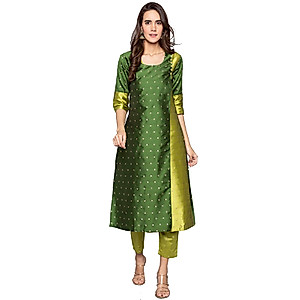 Indian Kurti for Womens With Pant | Art Silk Woven Partywear Kurta Kurtis Dress For Women Tops Tunic Green