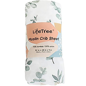 LifeTree Crib Sheets for Baby Boys Girls - Muslin Fitted Crib Sheets Neutral Toddler Bed Sheet Fits Standard Crib and Toddler Mattresses, Soft Bamboo Cotton Blend, Eucalyptus Pattern, 28" x 52" x 9"