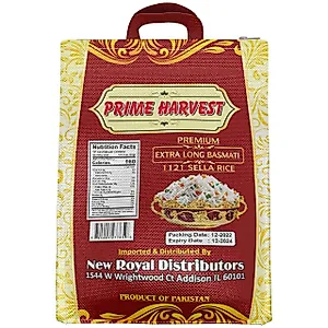 Prime Harvest Basmati Rice 10lbs Parboiled Premium Sella - Extra Long Grain, 10-Pound rice bag, Non-Sticky | Aged and Authentic | White