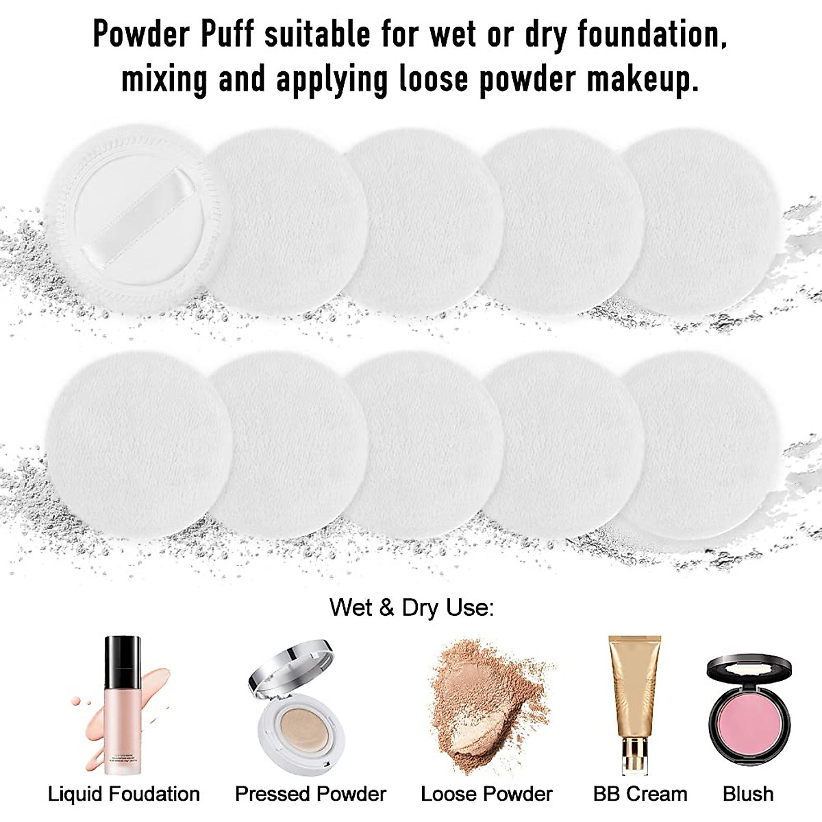 10pcs Powder Puff Cotton Cosmetic Powder Makeup Puffs Pads with Ribbon Face Powder Puffs for Loose and Foundation 2.36 inch. (White)