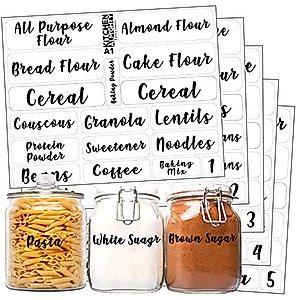 Kitchen Pantry Food Organization Clear Labels: 102 Attractive Gloss Artistic Preprinted Water Resistant Label Set to Organize Storage Containers, Jars & Canisters w/Extra Write-on Stickers