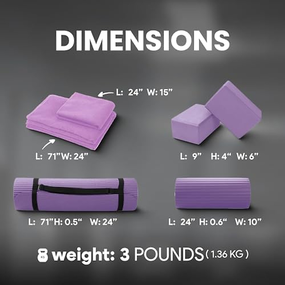 BalanceFrom 7-Piece Set - Include Yoga Mat with Carrying Strap, 2 Yoga Blocks, Yoga Mat Towel, Yoga Hand Towel, Yoga Strap and Yoga Knee Pad (Purple, 1/2"-Thick Mat)