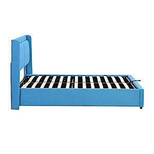 BOVZA Queen Size Lift up Storage Upholstered Platform Bed with 2 Drawers, Modern Wingback Headboard, Hydraulic Storage Bed Frame, Linen Blue