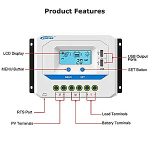 EPEVER® 10A Solar Charge Controller 12V/24V Auto Working PWM Solar Panel Charge Regulator with LCD Display and Powerful Dual USB Output