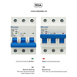 Elecnova 6-63A Miniature Circuit Breaker, AC 3 Pole 400V, DIN Rail Mounted 50 amp Breaker, Thermal Magnetic Trip, 110V / 120V Available, Overload, Short-Circuit Protection