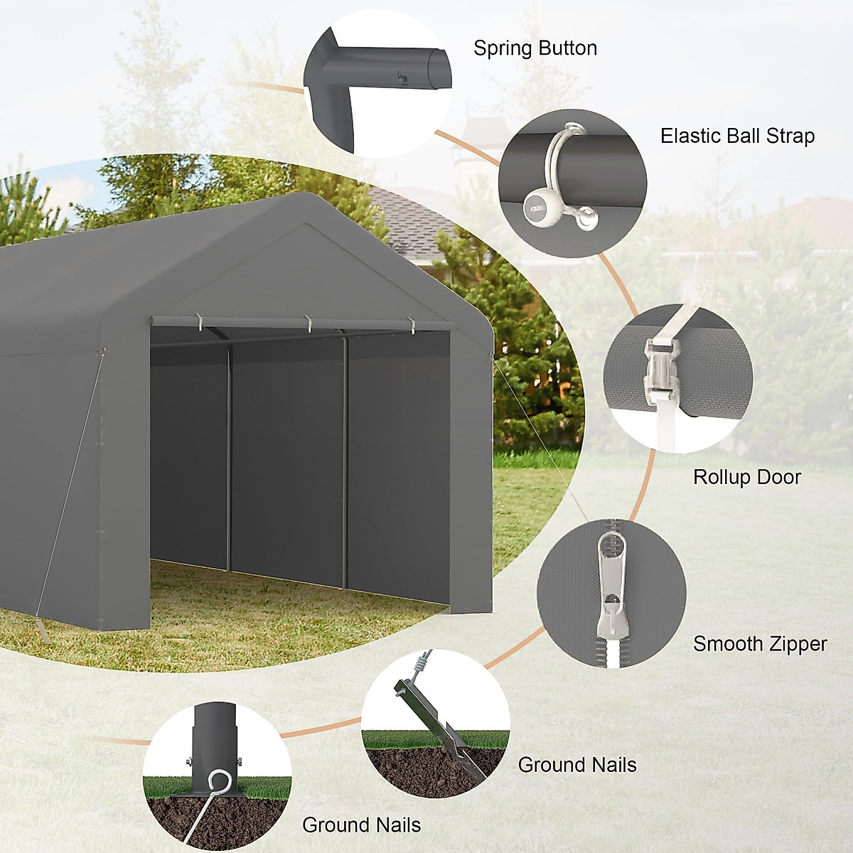 Carport, 10x20ft Heavy Duty Portable Garage, Car Port with Storage Shed, Car Canopy with Removable All-Season Tarp Sidewalls & Doors for Car, Truck, Boat, Party, Grey