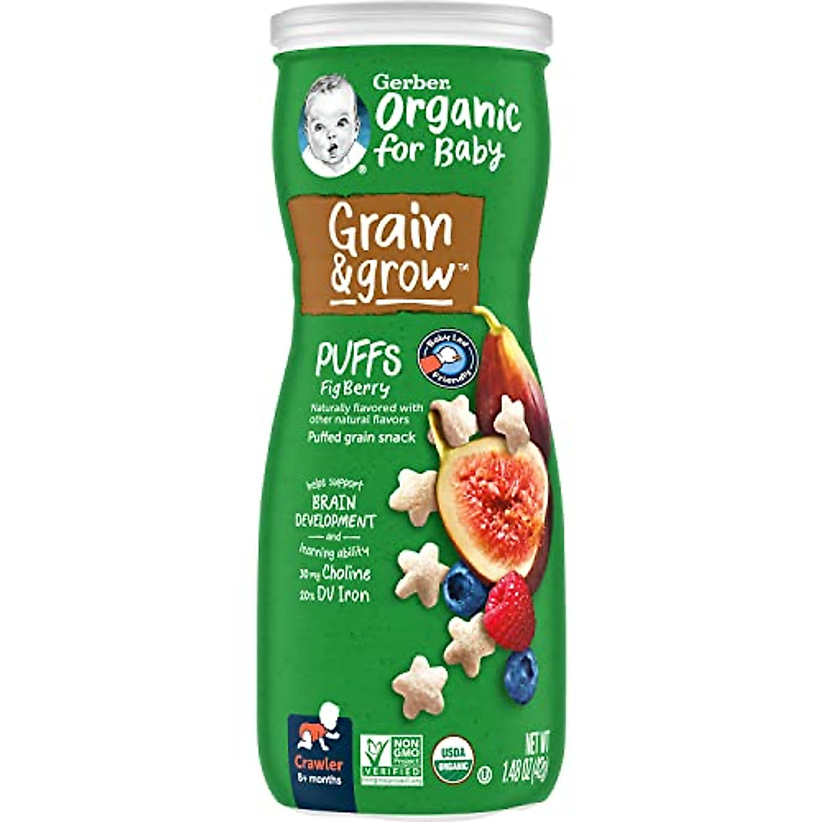 Gerber Organic for Baby Grain & Grow Puffs, Fig Berry, Non-GMO & USDA Organic Puffed Grain Snack for Crawlers, Baby-Led Friendly, 1.48-Ounce Canister (Pack of 3)