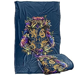 Harry Potter Hogwarts Multi-Colored Floral Crest Silky Touch Super Soft Throw Blanket 36" x 58",Hogwarts Multi-Colored Floral Crest, Blue