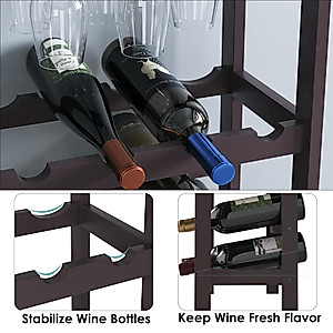 FOTOSOK Bamboo Floor Wine Rack, Freestanding Wine Bottle Organizer Shelves with Glass Holder Rack,16 Bottles, Wobble-Free Wine Display Storage Stand with Table Top for Kitchen Dining Room, Espresso