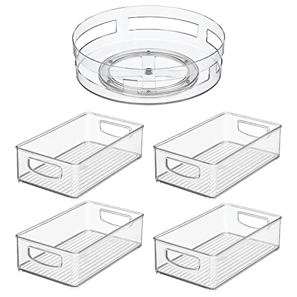 mDesign Plastic Kitchen Storage Bins with Handles and Lazy Susan Turntable Plastic Open Vented Spinner Combo Set for Kitchen, Pantry, Fridge/Freezer, Shelves, or Counter Organizing, Set of 5 - Clear