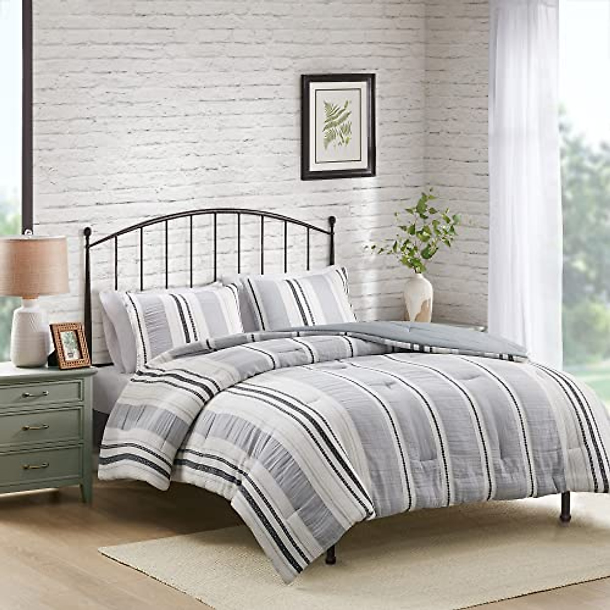 Hyde Lane Tahoe Farmhouse Bedding Set ,Blue Modern King Size Comforter,Cotton Top with Neutral Rustic Style Stripes, Boho Bedroom Bed Sets,3-Pieces Including Matching Pillow Shams(104x90 Inches)