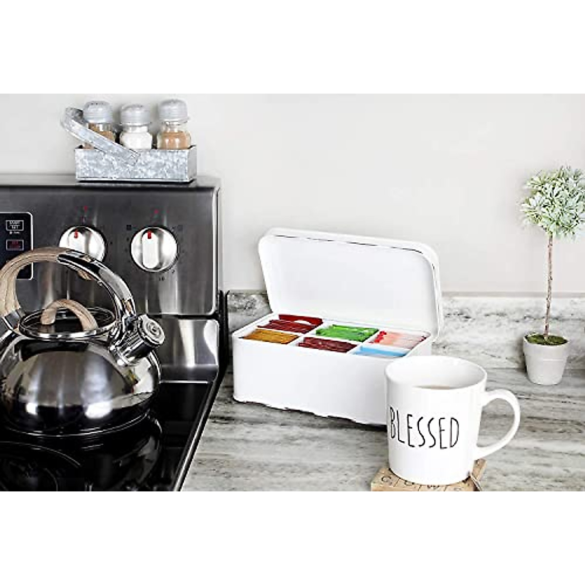 AuldHome Farmhouse Tea Bag Box (White), Vintage Retro Style Enamelware Tea Storage Tin