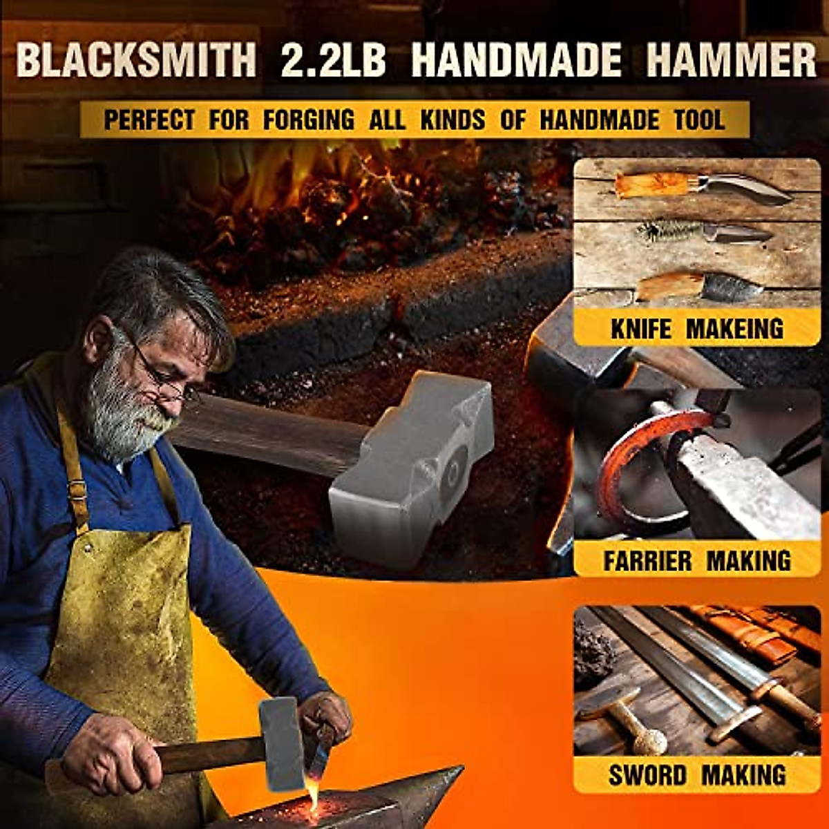Blacksmith 2.2LB Handmade Square Forge Hammer for Farrier, Knife Maker, Blacksmith Forging Tool