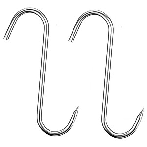 ALAZCO 2pc 9" Heavy Duty & Thick Stainless Steel Meat Processing Butcher Hook - Wild Game, Smoking Ribs BBQ Large Fish, Hunting, Carcass Deer Hanging S-Hook Excellent Quality 9mm Thick
