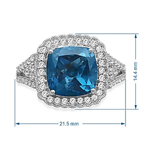 Jewelili Sterling Silver 10 MM Cushion Shape London Blue Topaz, Round White Topaz and 1.5 MM Round Emerald Stone on Both Side Halo Ring, Size 7