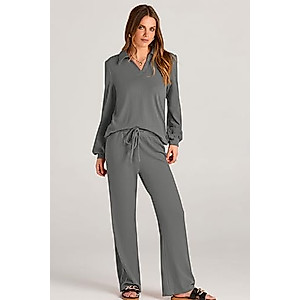 PRETTYGARDEN Women's Fall 2024 Two Piece Tracksuit Outfit Long Sleeve Lapel V Neck Tops Blouses Wide Leg Pants Matching Set (Grey,Large)