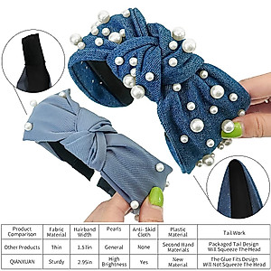 QIANXUAN Cloth Headbands Tie For Women Top Knot Headband With Pearls Denim Headband For Girls Hair Wide Beads Bow Glam Thick Fashion Hairband