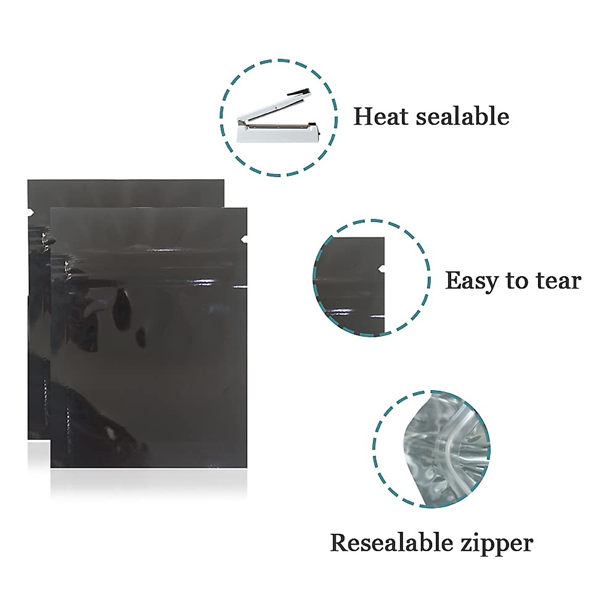 MITOB Mylar Bags for Zip Reusable Small Aluminum Foil Lock Package Bag Candy DIY Chocolate Coffee Nut Food Long Term Storage Zipper Lock Packaging Bag with Tear Notch (Black, 2.3x3.1 inch)