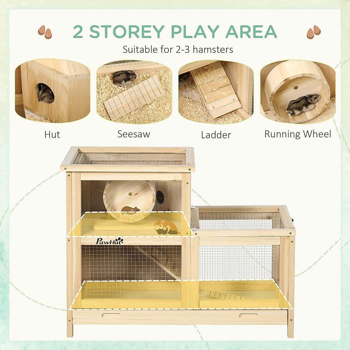 PawHut Extra Large Wooden Hamster Cage with Sliding Tray, Large Hamster Cage Including Seesaw, Small Animal Habitats with Openable Roofs, Wide Ramp for Racing, Running Wheel, Natural