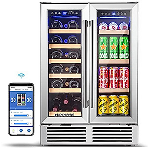 BODEGA Wine and Beverage Refrigerator, 24 Inch Dual Zone Wine Cooler, with Smart APP Control and 2 Safety Locks,Soft LED Light Hold 19 Bottles and 57 Cans, Built-In or Freestanding