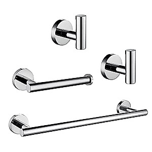 Polished Chrome Bathroom Hardware Set 4 Pieces SUS304 Stainless Steel Round Wall Mounted Set Including Towel Bar,Toilet Paper Holder, Robe Towel Hooks,Bathroom Accessories Kit