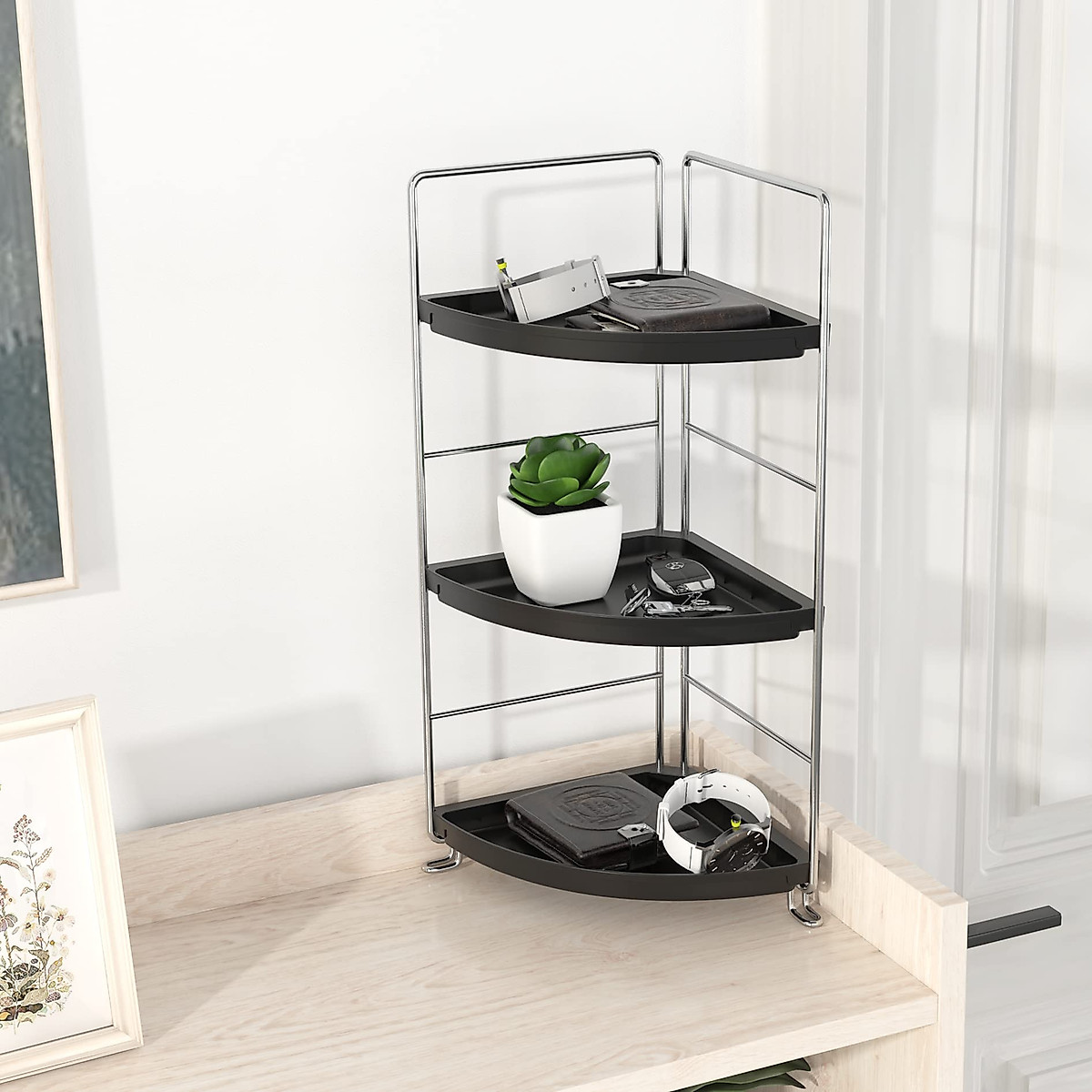 NLBTW 3 Tier Corner Bathroom Organizer Countertop, Bathroom Counter Shelf Vanity Organizer and Storage Cabinet for Makeup Skin Care Perfume Organizer Tray or Kitchen Spice Rack (Silver & Black)