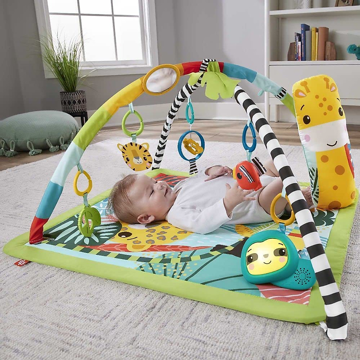 Fisher-Price Baby Playmat 3-in-1 Rainforest Sensory Gym with Music & Lights, Tummy Wedge & 5 Developmental Toys for Newborns 0+ Months