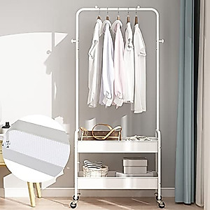DYRABREST Simple Design 2-In 1 Garment Rack with Wheels Clothing Rack With 2 Tier Metal Basket Clothes Organizer Rack Laundry Cart with Hanging Rack for Home Bedroom (White)