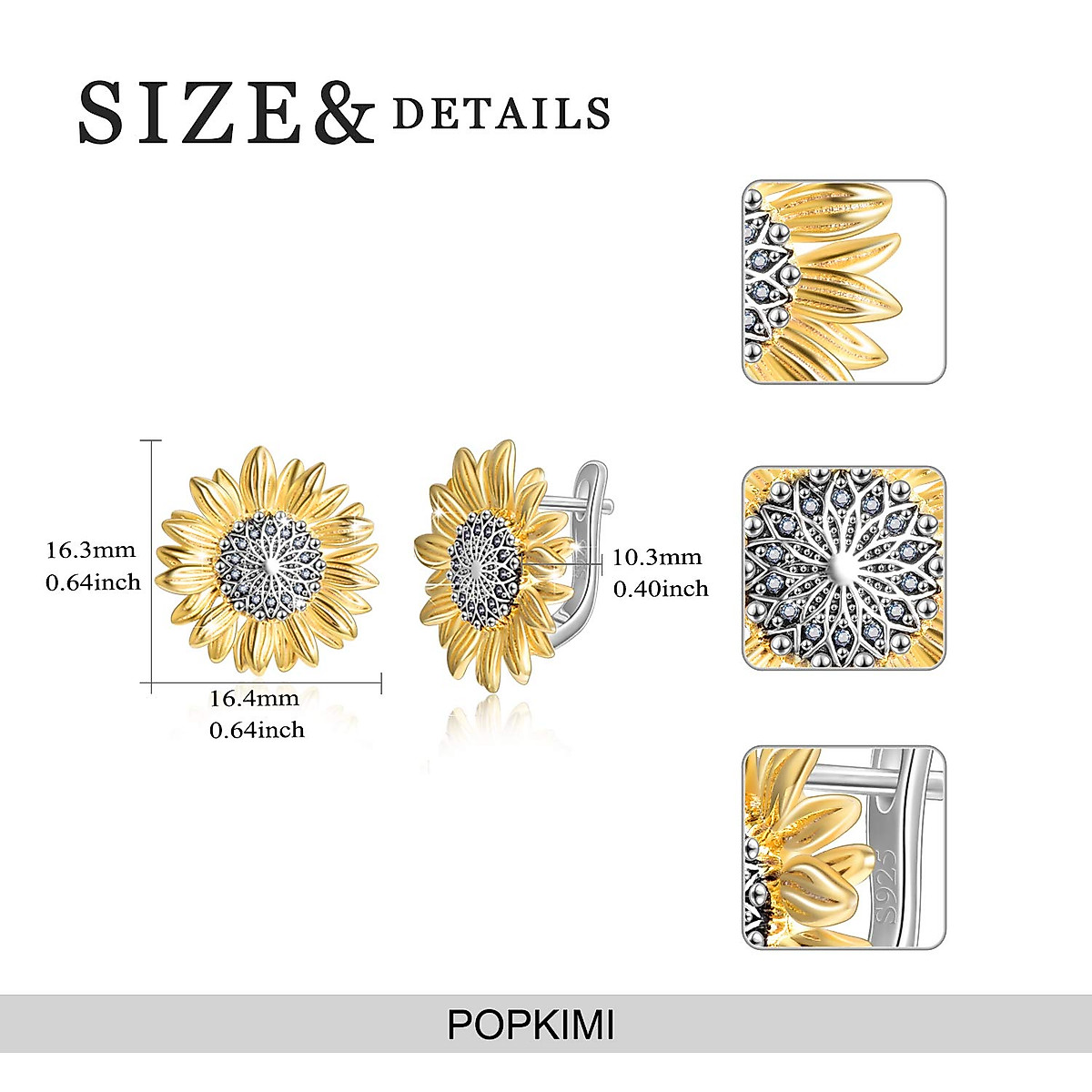 POPKIMI Sunflower Gold/Silver Plated Earrings for Women Sterling Silver Hoop Earrings Birthday Gift Jewelry Silver