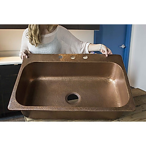 Sinkology SK101-33AC Angelico Drop-In 33-inch 3-Hole Single Bowl Copper Kitchen Sink