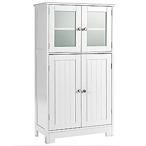 Tangkula Bathroom Floor Cabinet, Freestanding Storage Cabinet w/Glass Doors, Wooden Kitchen Cupboard w/Adjustable Shelf, Bathroom Storage Cabinet for Hallway Living Room Office (Cabinets, White)