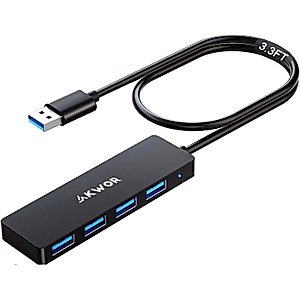 USB Hub, AKWOR 4-Port USB 3.0 Hub USB Splitter USB Expander for Laptop, Xbox, Flash Drive, HDD, Console, Printer, Camera,Keyborad, Mouse-3.3FT