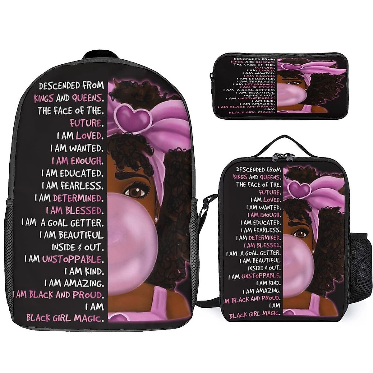 JYSDZSE African Girls Cute Backpacks - 17 Inch Set School Bag/Crossbody/Pen Bag Three-Piece Backpack for Men and Women