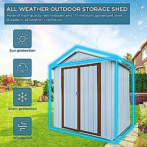 Zevemomo 6 x 4 ft Outdoor Storage Shed, All Weather Metal Shed with Metal Foundation & 2 Lockable Doors, Tool Shed Outdoor Storage for Garden, Patio, Backyard, Lawn, White and Yellow