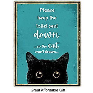 Teal Blue Bathroom Wall Decor - Funny Cat Bathroom Decor - Bathroom Rules Decorations for Women, Kitty, Kitten, Animal Lovers - Guest Bathroom - Restroom Sign - Bath Wall Decor - Powder Room Wall Art