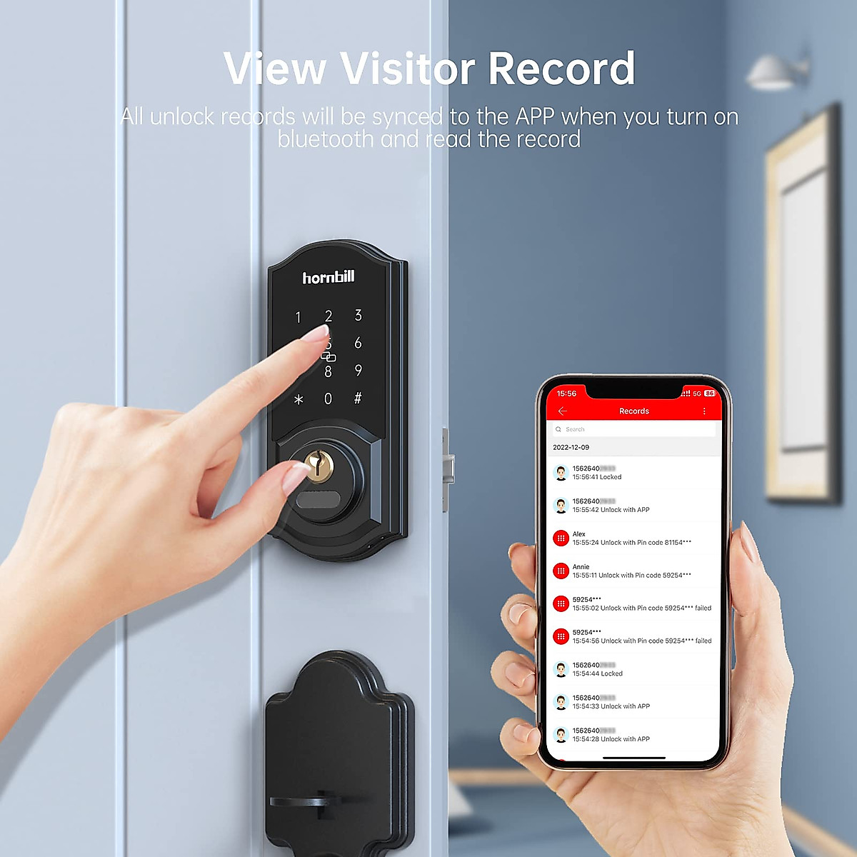 WiFi Smart Door Lock,Hornbill Keyless Entry Keypad Deadbolt with Gateway Remote Control Digital Front Door Lock Bluetooth Electronic Auto Lock Touchscreen Work with Alexa Code for Home Office Airbnb