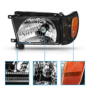 AmeriLite Replacement Halogen Headlights With Corner Lamp + Bracket For 1996-1998 Toyota 4Runner SUV N180 - Passenger and Driver Side, Vehicle Light Assembly, Black