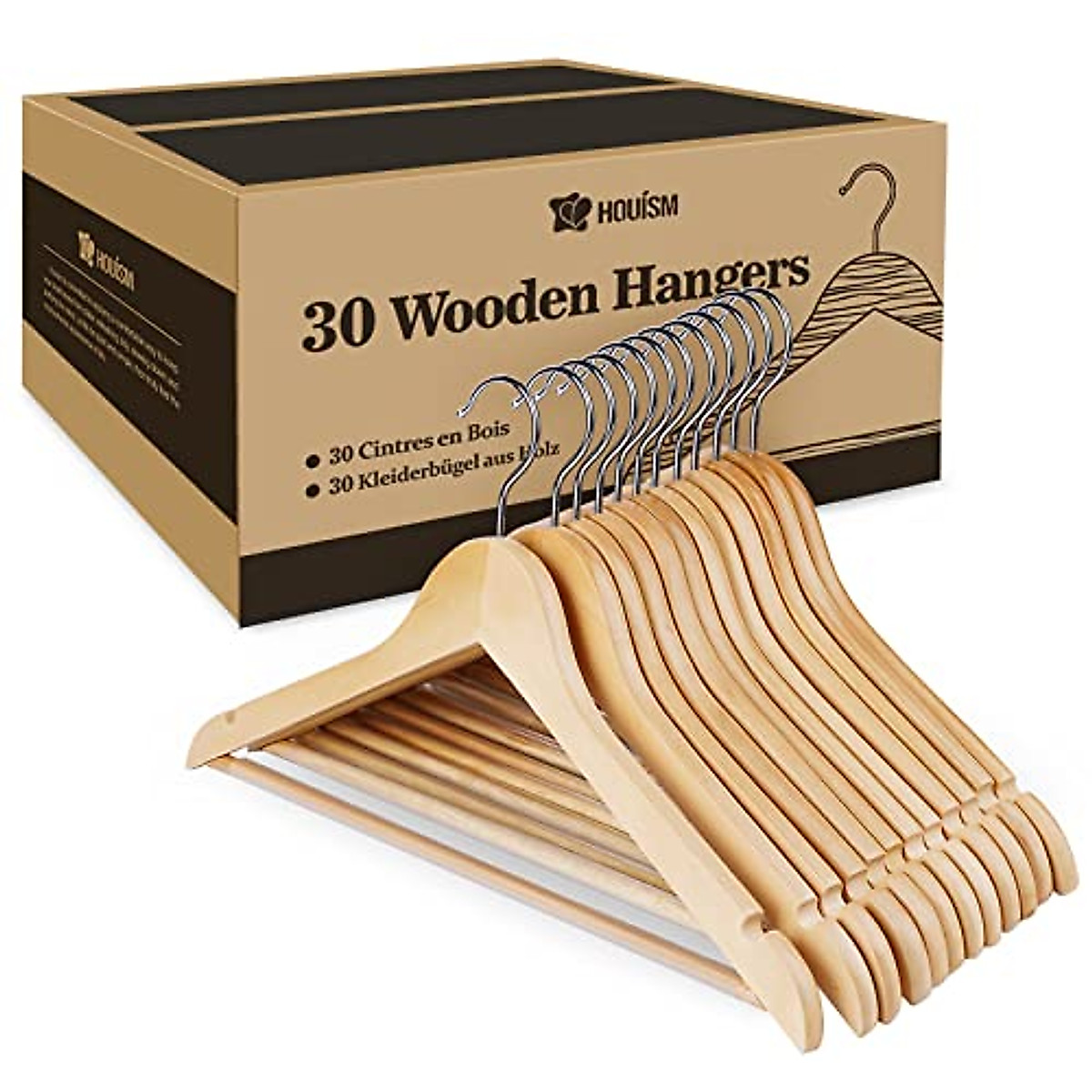 HOUÍSM Wooden Hangers 30 Pack, Solid Wooden Suit Hangers Coat Hangers with Non-Slip Pants Bar, 360° Swivel Hook & Notches, Smooth Finish, Heavy Duty Clothes Hangers for Coats, Suits, Pants and Jackets