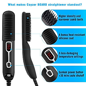Cayzor Beard Straightener Comb for Men - Upgraded Professional Electric Mens Beard Straightening Heated Brush Portable Anti-Scald 5 Adjustable Temperatures & LCD Display with Carrying Bag