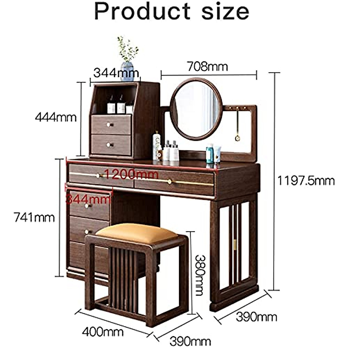 LEONYS Vanity Dressing Table or Makeup Desk with 7-Drawers, with Mirror,Cushioned Stool, Home Furniture Bedroom Makeup Vanity Table Stool Set