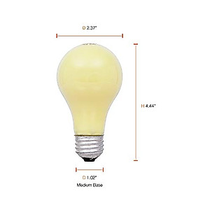 SYLVANIA A19 Incandescent Bulb, Medium Base, Yellow Bug Light, 60W, 2850K, 2 Pack