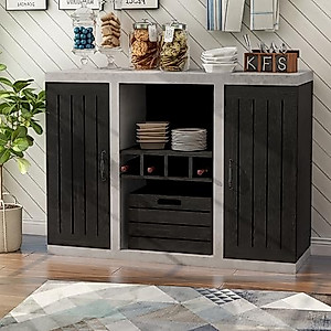 HOMES: Inside + Out FGI-1777C1 Cato Industrial Two-Tone Buffet with Open Shelf, Wine Bottle Holder, Slatted Drawer and Cabinets, Black and Cement