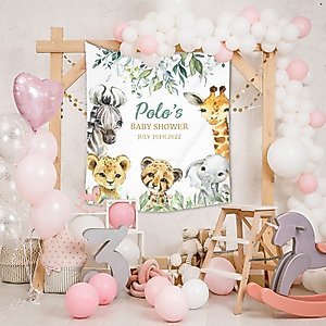 Personalized Safari Baby Shower Backdrop, Custom Name Date Jungle Animals Baby Shower Background for Boy, Baby Shower Party Photo Booth Backdrop Banner,Safari Baby Shower Decorations for Boy