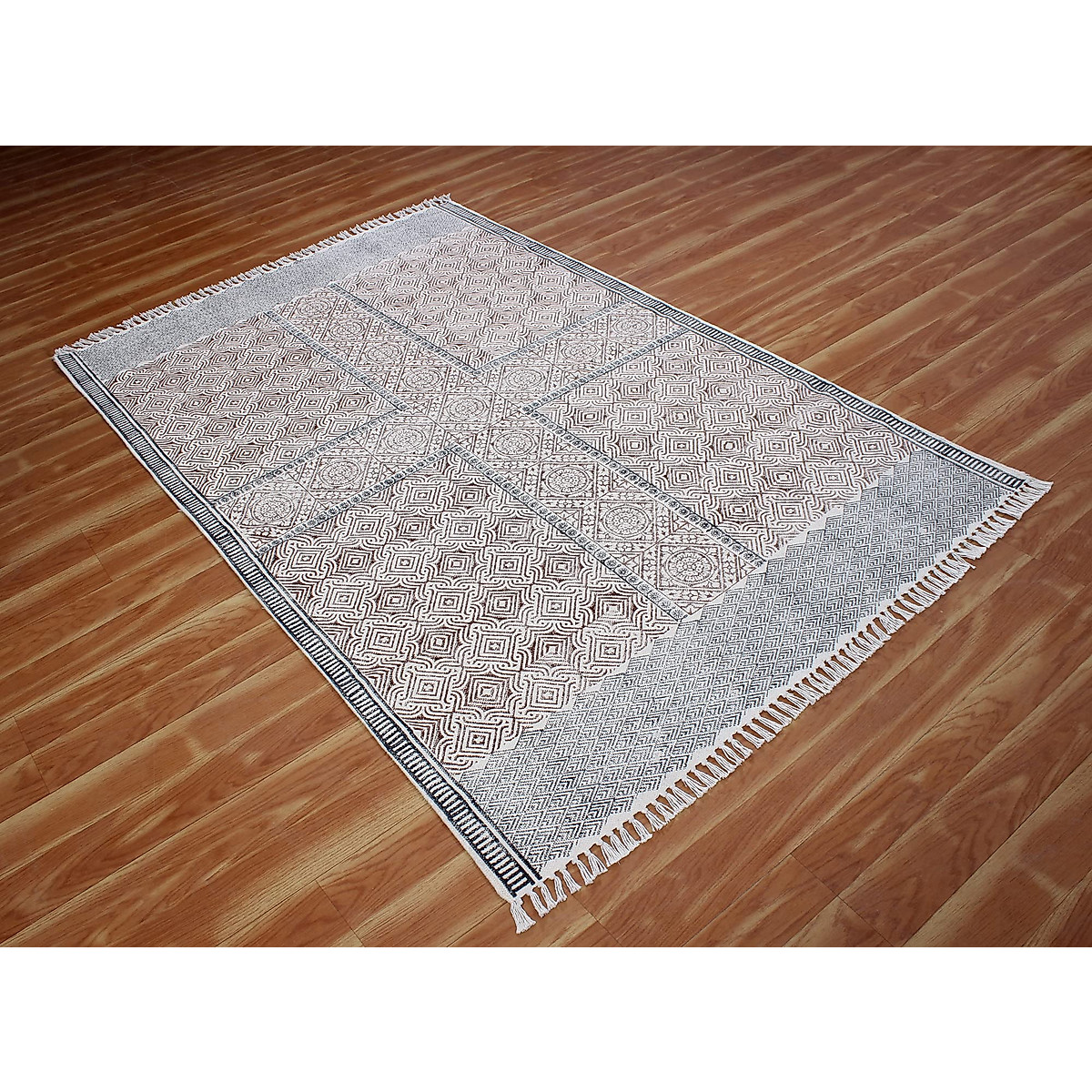 Casavani Hand Block Printed Hand Made Brown, Black Geometric Tassel Rug Cotton Easy Washable Rugs Floor Carpet for Doormat Entryway Living Room Bedroom Hallway Balcony 6x12 Feet Runner