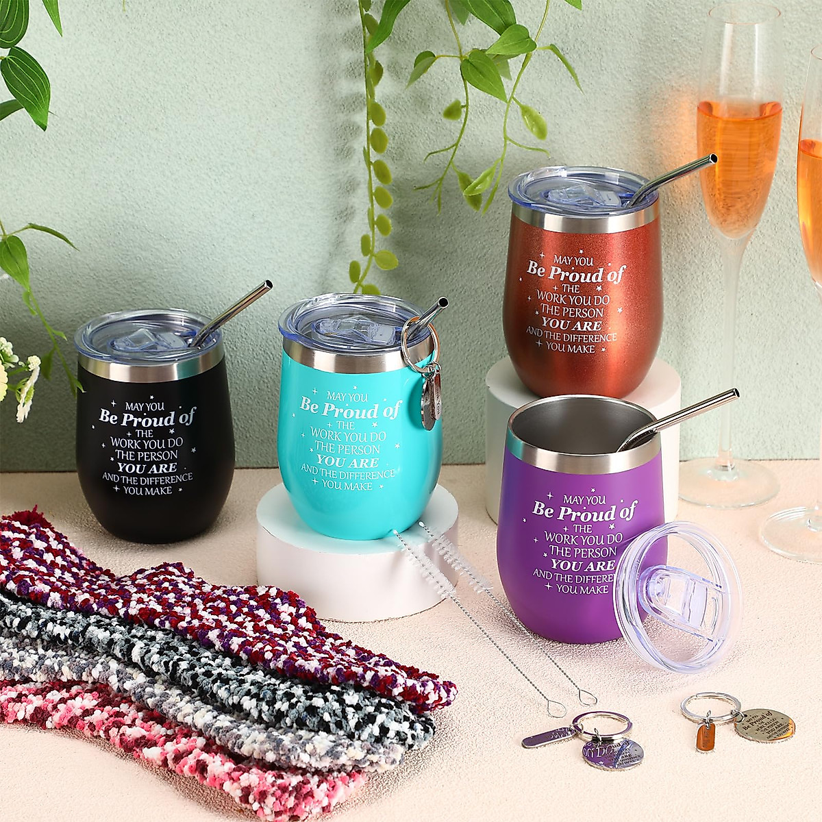 Tioncy 48 Pcs Wine Tumbler 12 oz with Lid and Straw Funny Keychain Fluffy Cupcake Socks Teacher Appreciation Thank You Gift for Coworker Employee Teacher Women